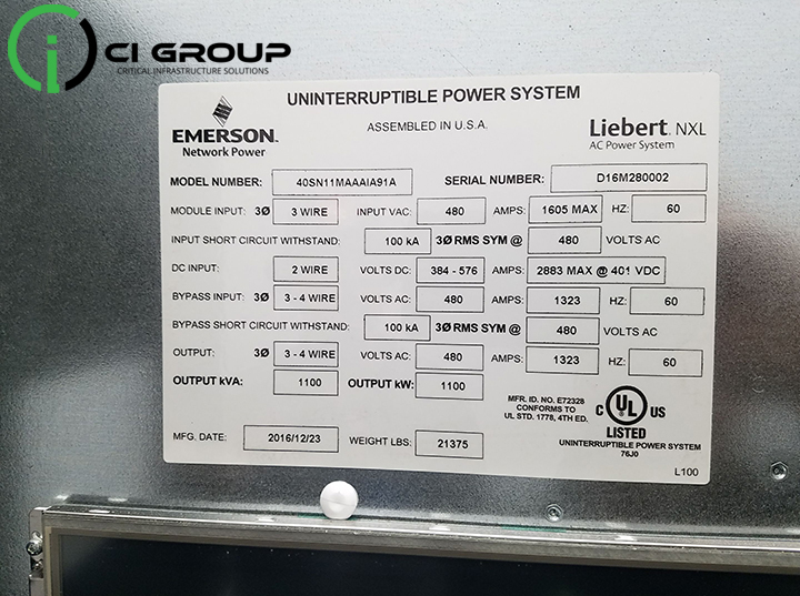 2016 Liebert NXL 1100 (data Plate) | CI Group