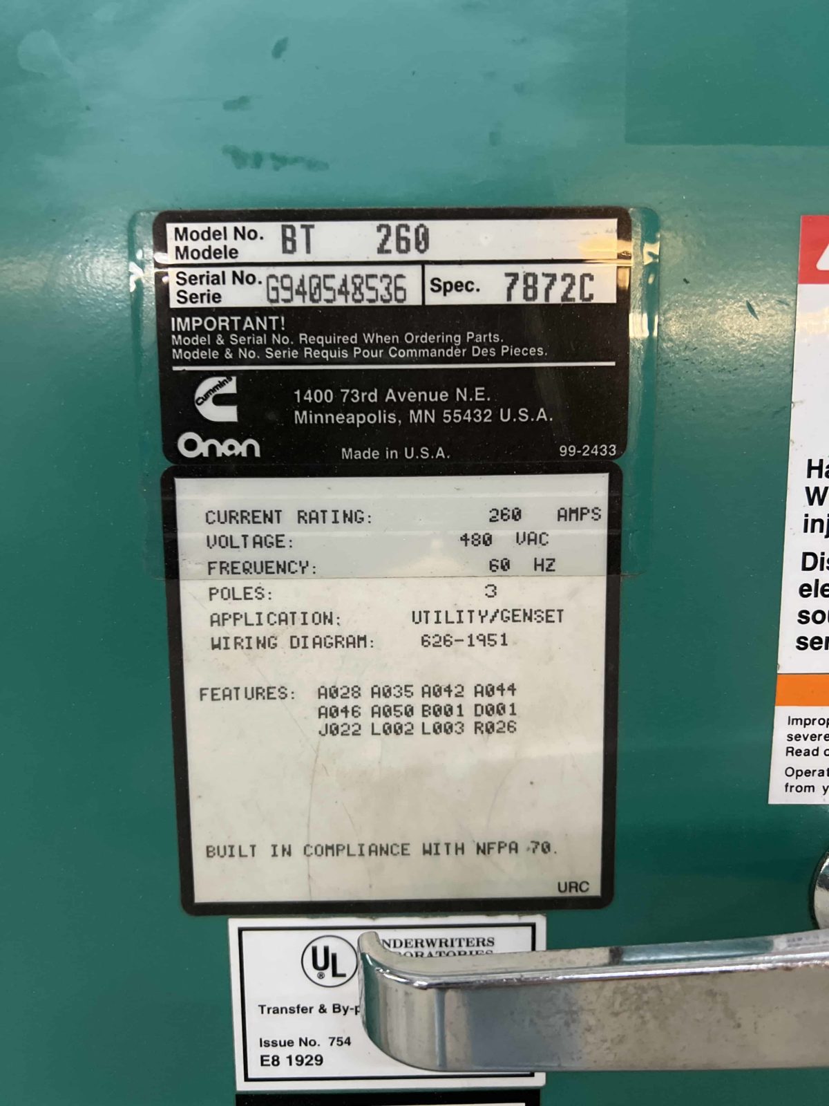 Cummins 260A 480V Automatic Transfer Switch