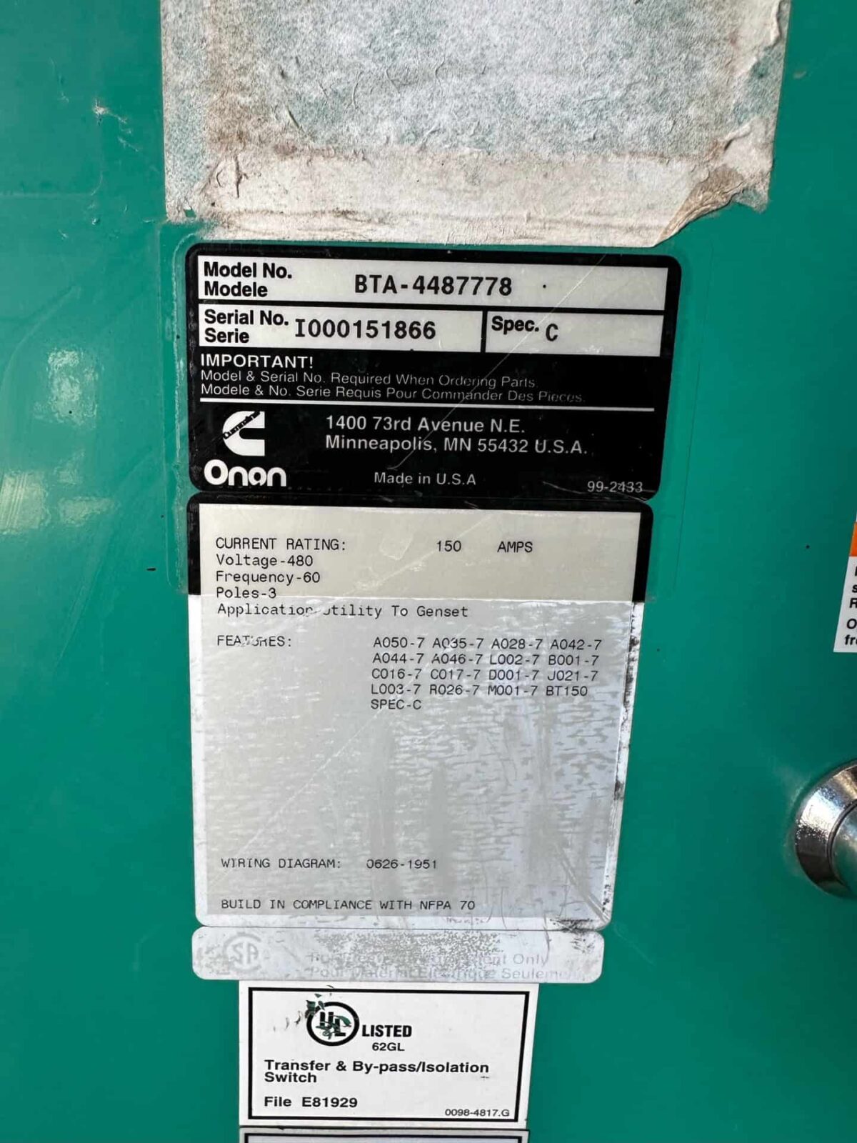 Cummins BTA 150A 480V ATS With ISO Bypass | CI Group